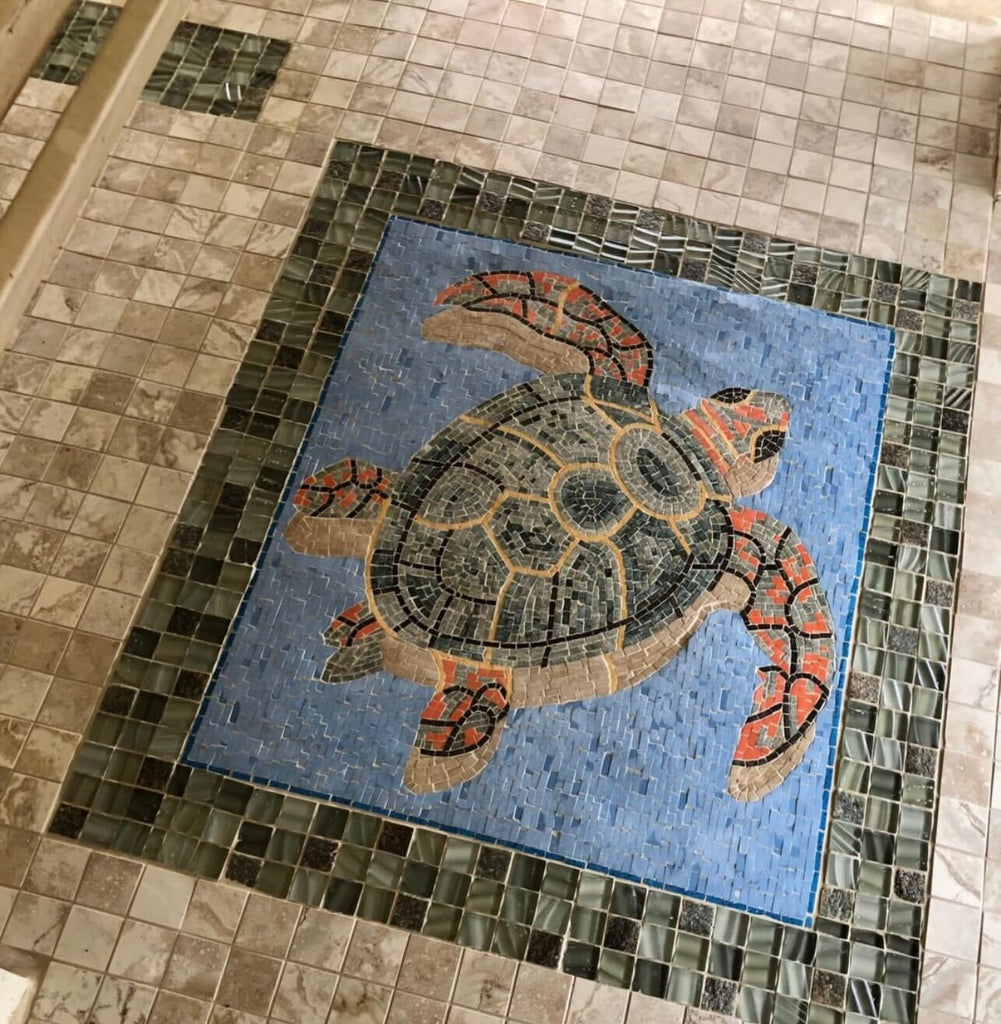 Swimming Sea Turtle Marble Mosaic | Marine Life&Nautical | Mozaico
