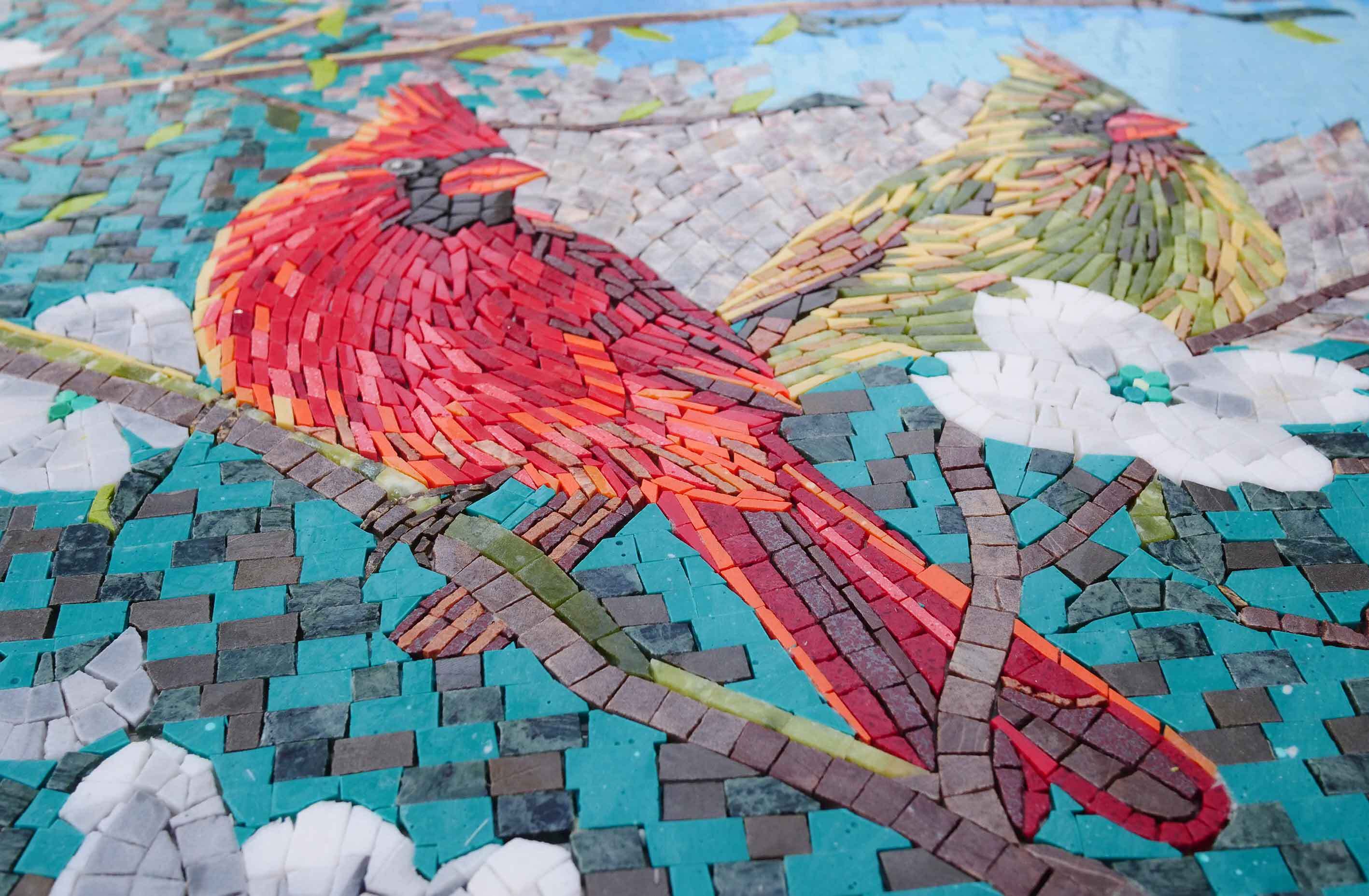 Mosaic Art of Green & Red Birds – Mozaico