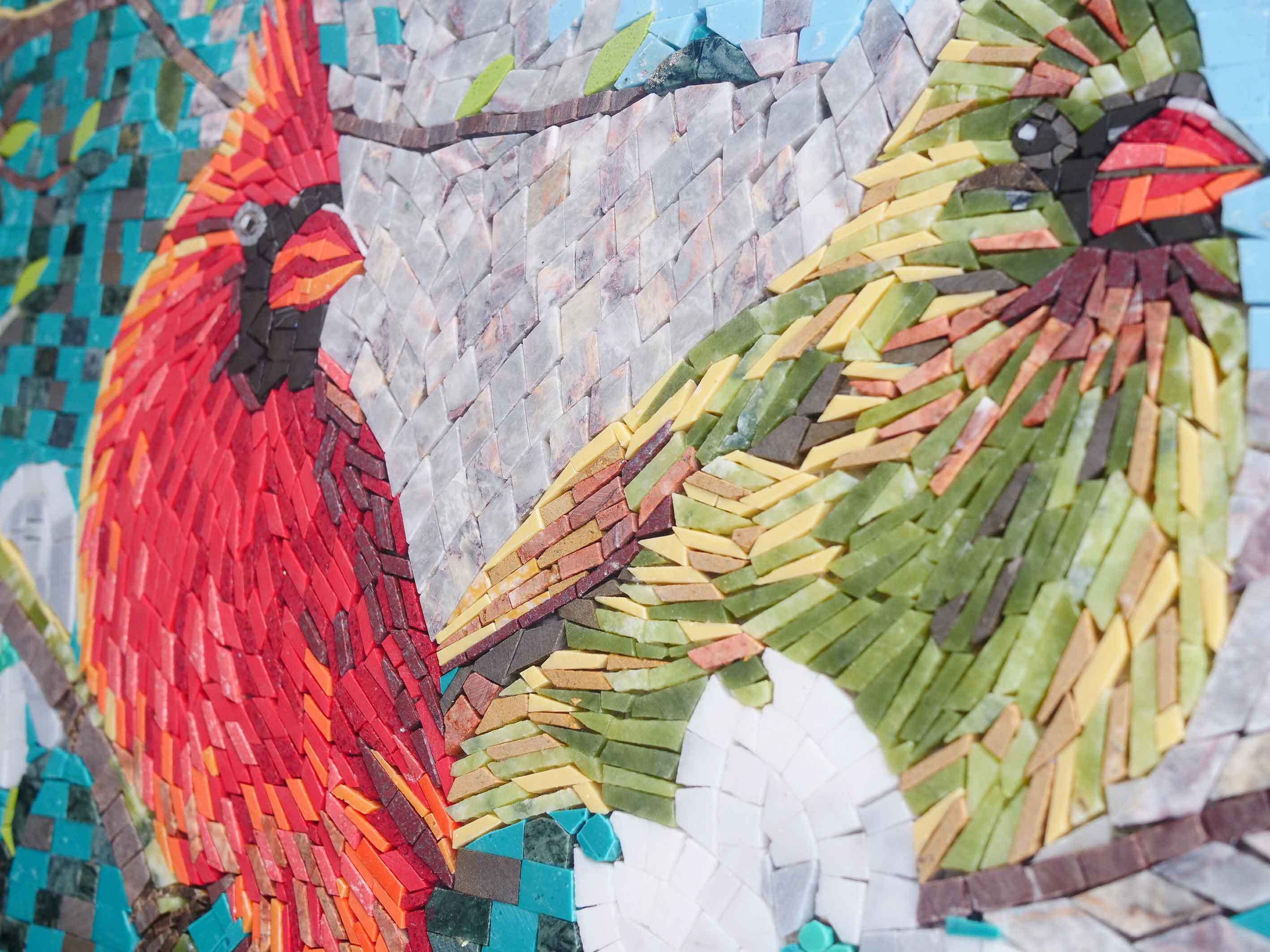 Mosaic Art of Green & Red Birds – Mozaico